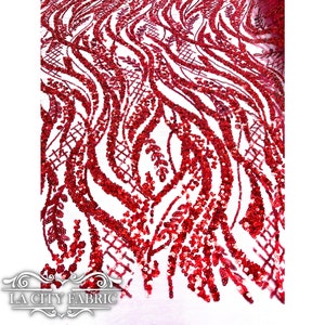 Red Embroidered Sequin Lace Beaded Fabric by the Yard | Sequin Mesh ...