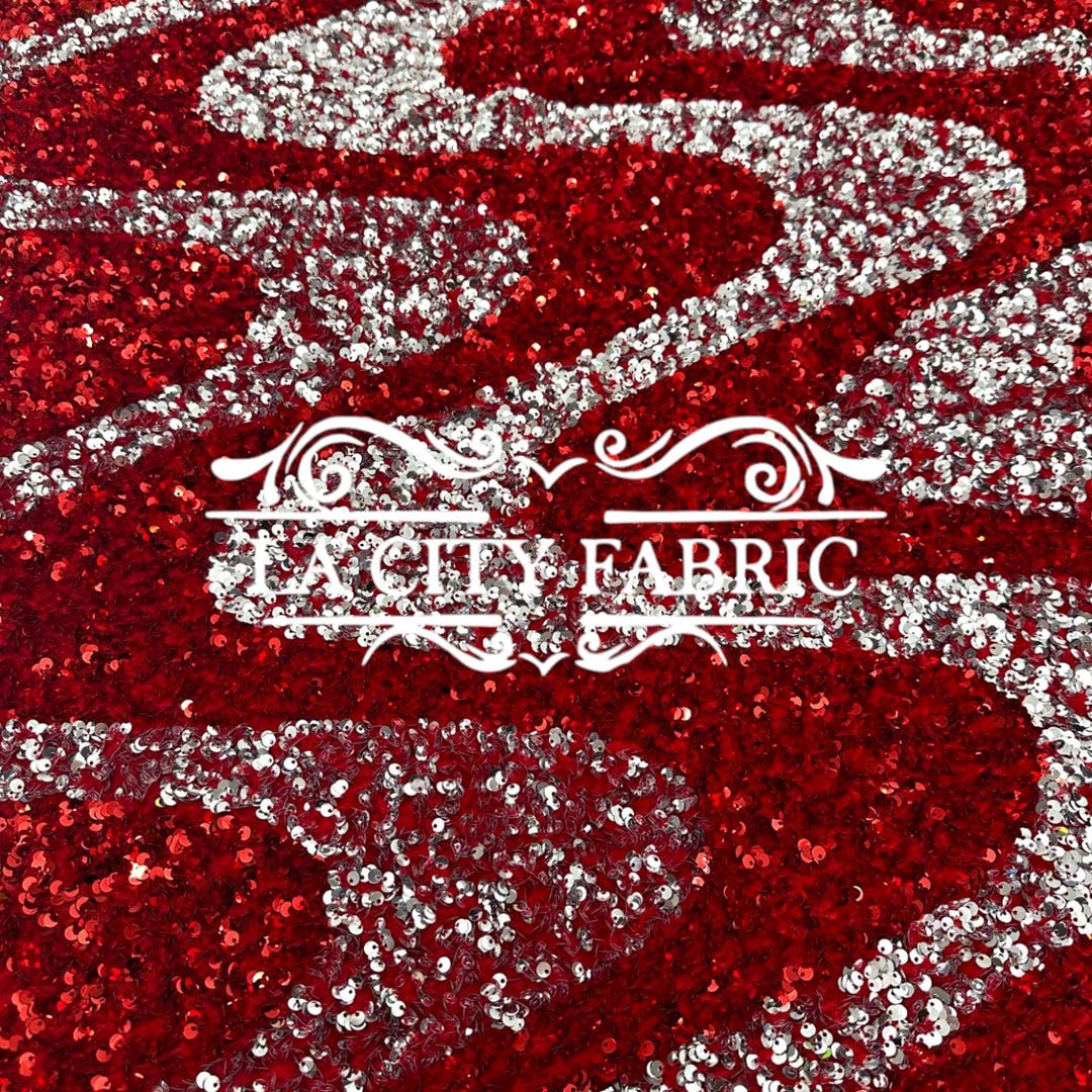 Wavy Red White on Red Sequin Fabric on Spandex Stretch Velvet Fabric by ...