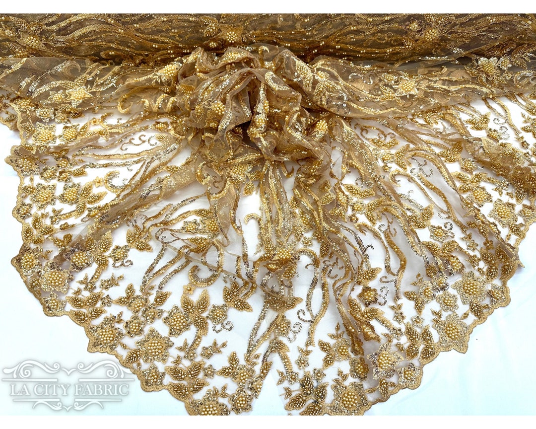 Gold Lace Fabric by the Yard | Heavy Handmade Beaded Fabric | Floral ...