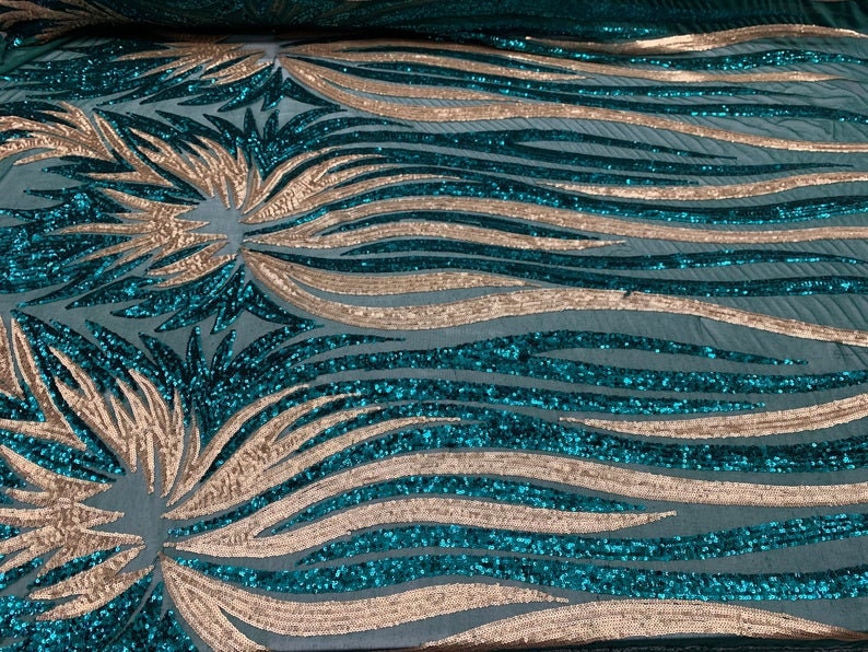 Teal-gold/by the Yard Fabric/feather Floral Stretch - Etsy