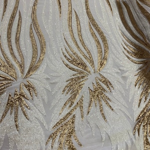White-gold/by the Yard Fabric/feather Floral Stretch - Etsy