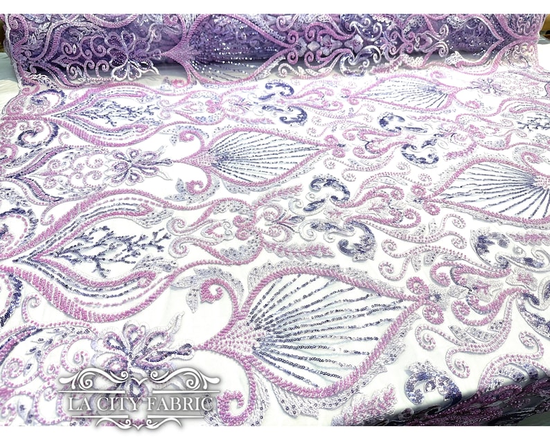 Lavender Lace Sequin Beaded Fabric by the Yard | Mesh Embroidered ...