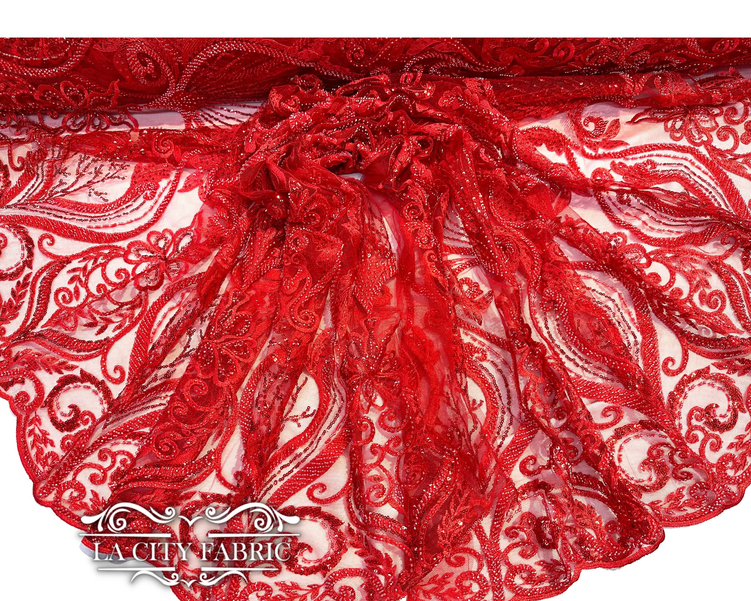 Red Lace Sequin Beaded Fabric by the Yard | Mesh Embroidered Handmade ...
