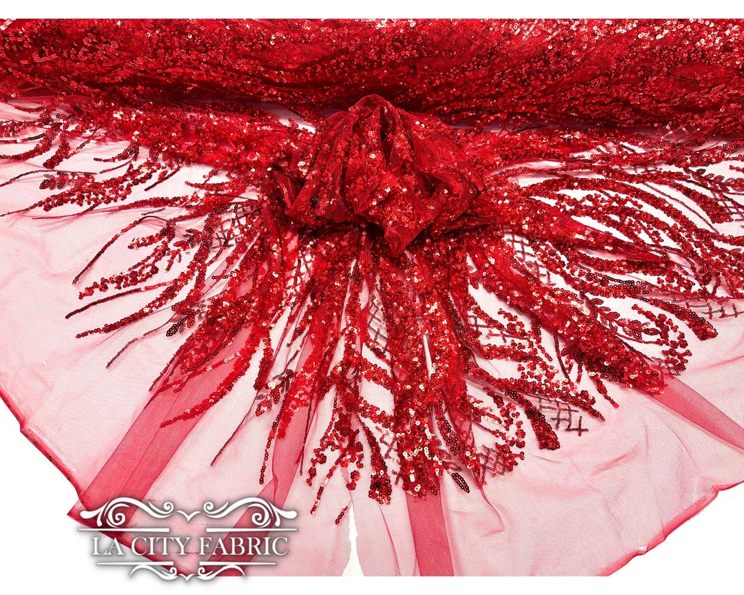 Red Embroidered Sequin Lace Beaded Fabric by the Yard | Sequin Mesh ...