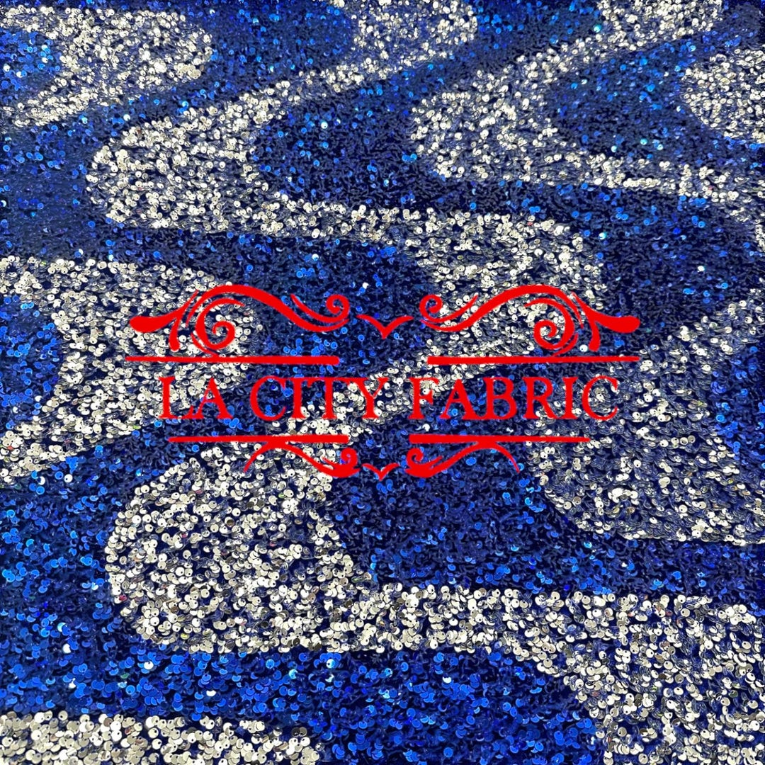 Wavy Royal Silver Iridescent on Blue Sequin Fabric on Spandex Stretch ...