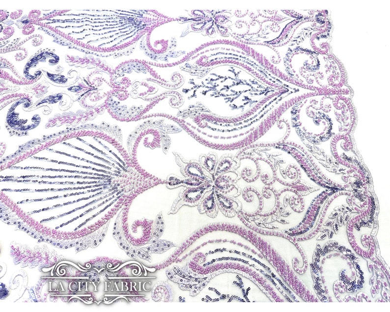 Lavender Lace Sequin Beaded Fabric by the Yard | Mesh Embroidered ...