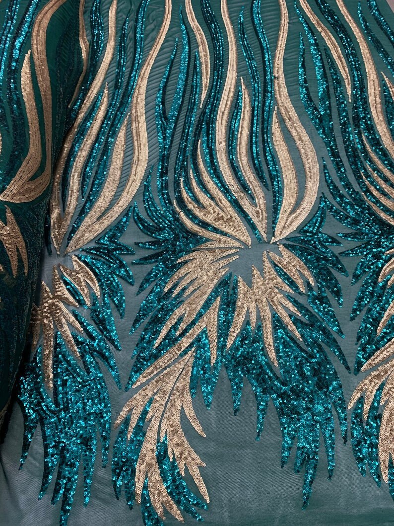 Teal-gold/by the Yard Fabric/feather Floral Stretch - Etsy