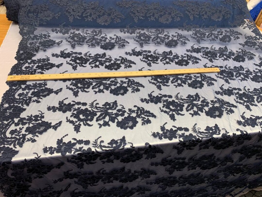 Navy Blue Lace/2 WAY Stretch Lace Floral/flowers/mesh Lace Fabric by ...