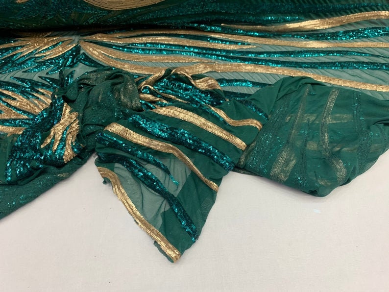 Teal-gold/by the Yard Fabric/feather Floral Stretch - Etsy