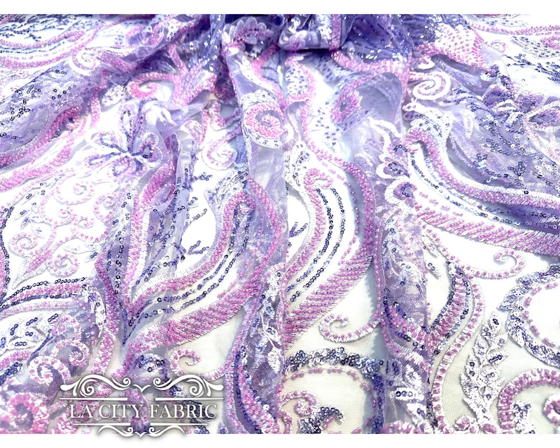 Lavender Lace Sequin Beaded Fabric by the Yard | Mesh Embroidered ...