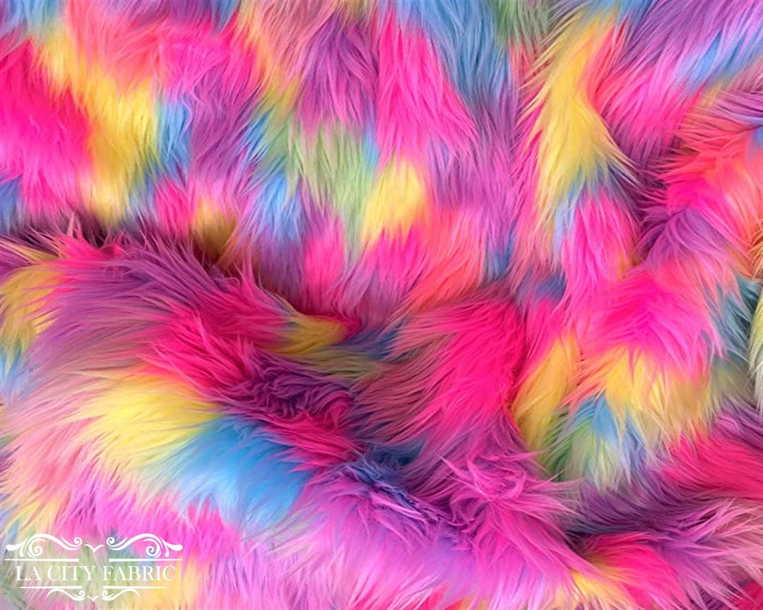 Charlotte Shaggy Faux Fur Fabric by the Yard | Pastel Rainbow Long Pile ...