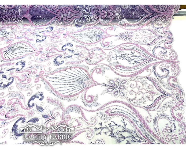 Lavender Lace Sequin Beaded Fabric by the Yard | Mesh Embroidered ...