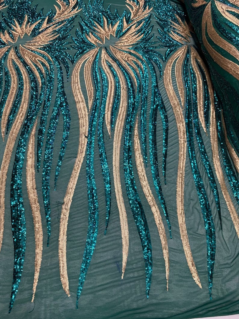 Teal-gold/by the Yard Fabric/feather Floral Stretch - Etsy