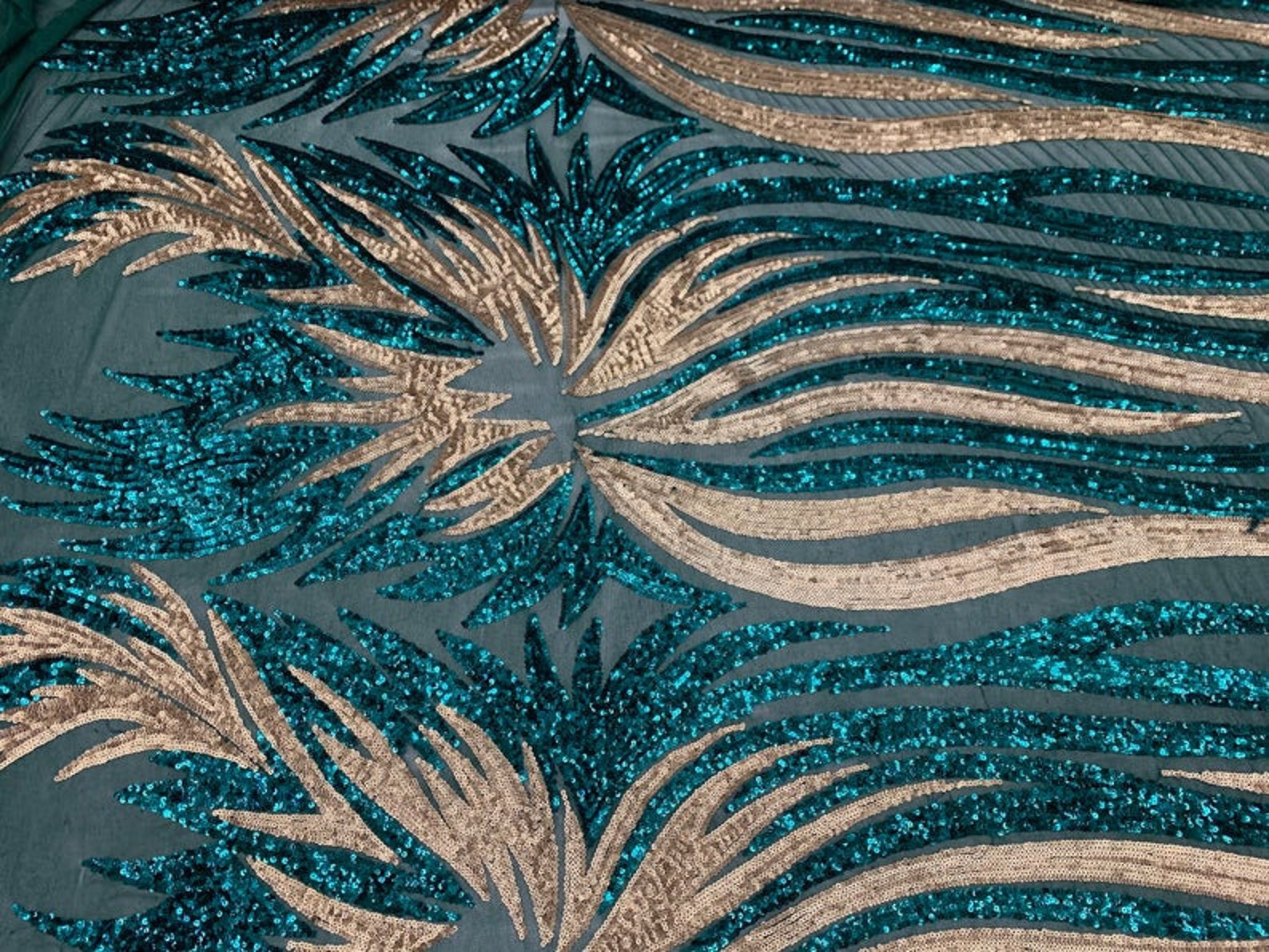 Teal-gold/by the Yard Fabric/feather Floral Stretch Sequins/spandex ...