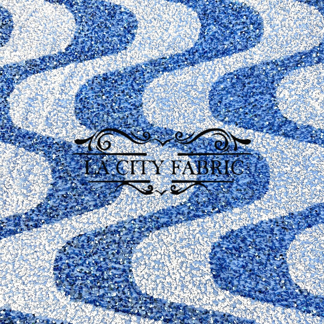 Wavy Baby Blue White on Blue Stretch Sequin Fabric on Spandex Stretch ...