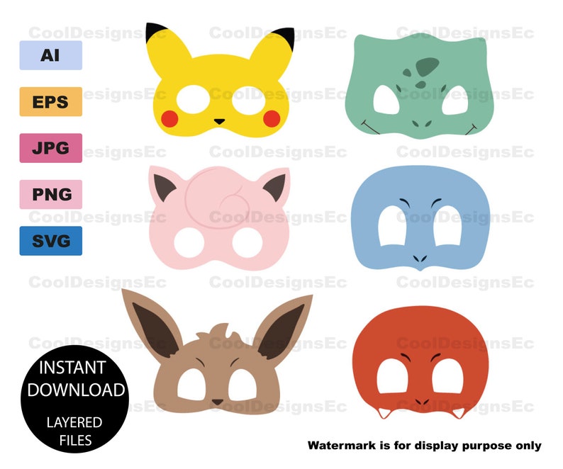 Pokemon Masks SVG Pikachu Eevee Charmander Bulbasaur Instant | Etsy