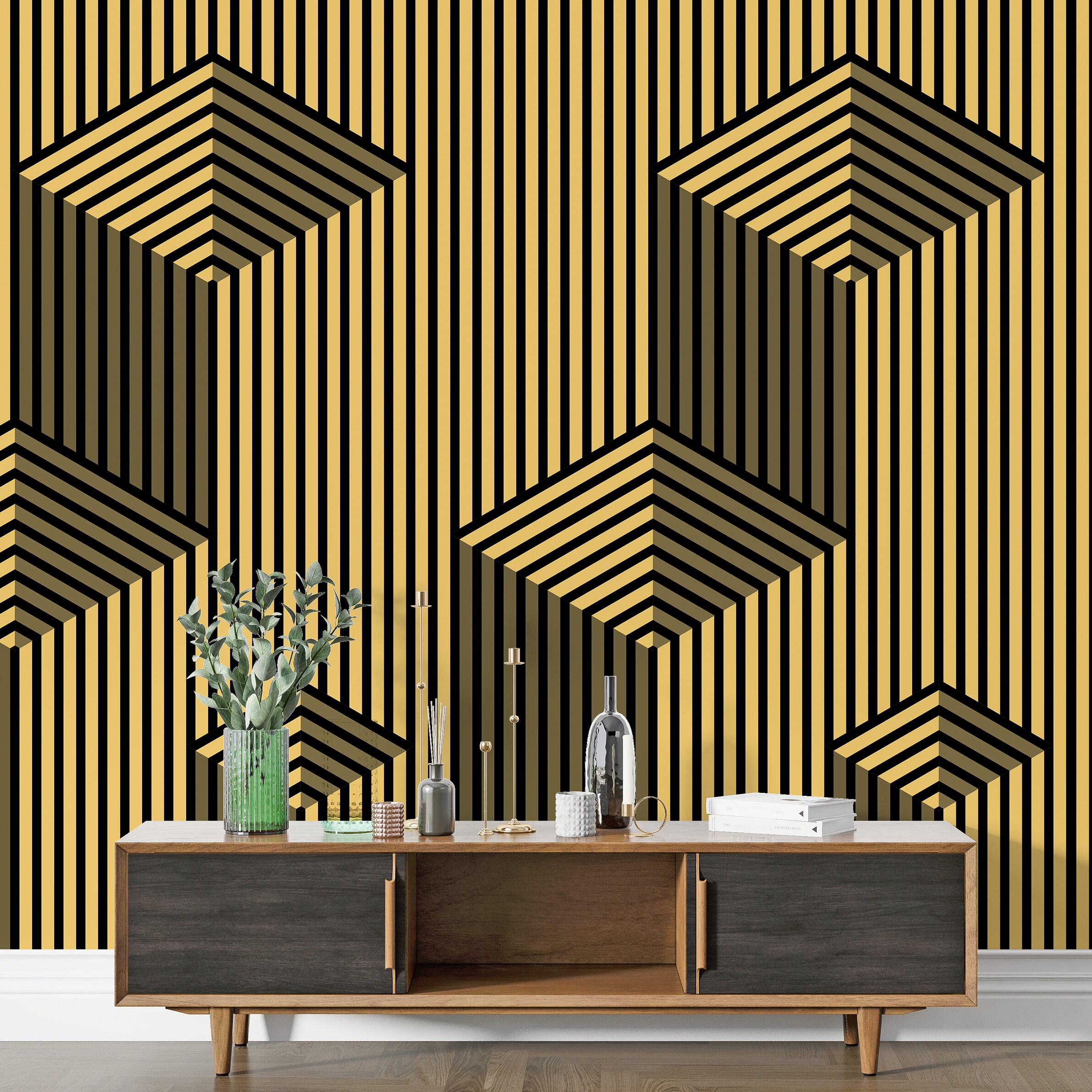 Geometric Gold Block Wallpaper: Lines Wall Mural, Peel and Stick - Etsy