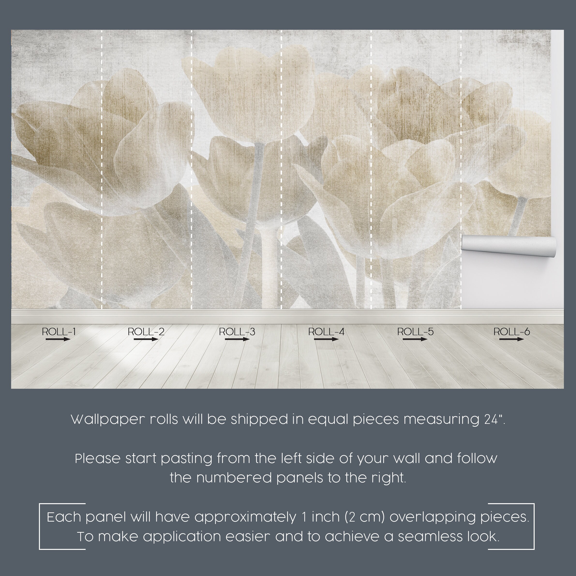 Contemporary Floral Wallpaper With Beige Tulips and Gray Tulips, Easy ...