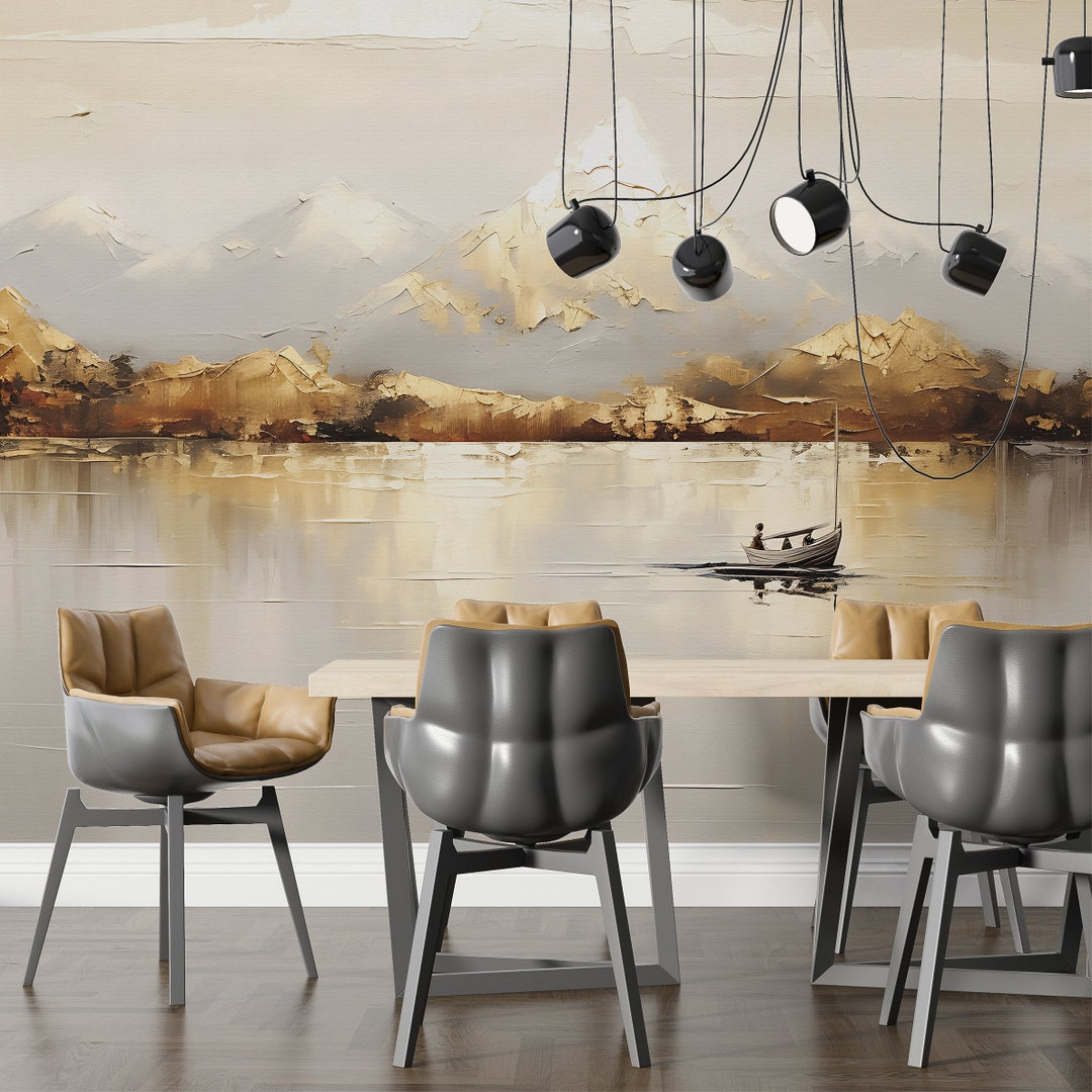 Gold Beige Landscape Wallpaper, for Livingroom Wall Mural, Peel and ...
