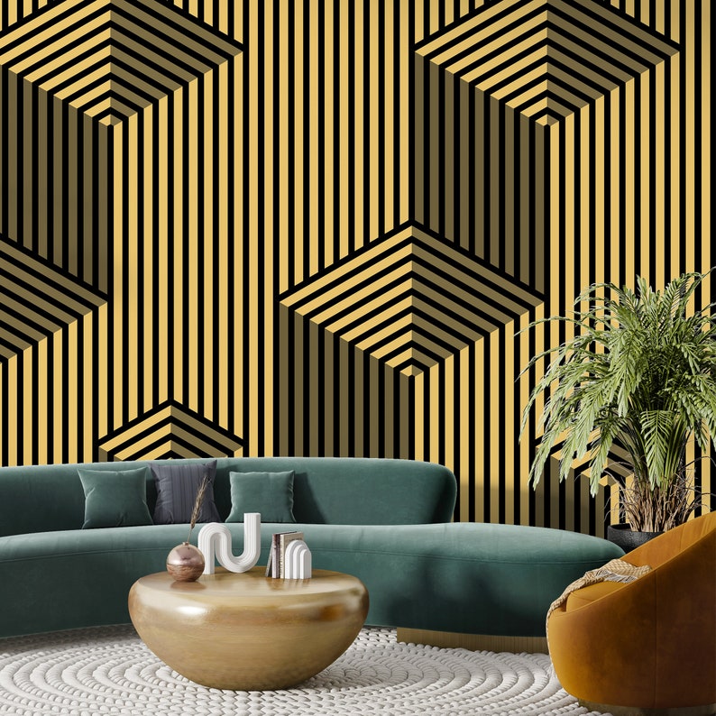 Geometric Gold Block Wallpaper: Lines Wall Mural, Peel and Stick - Etsy