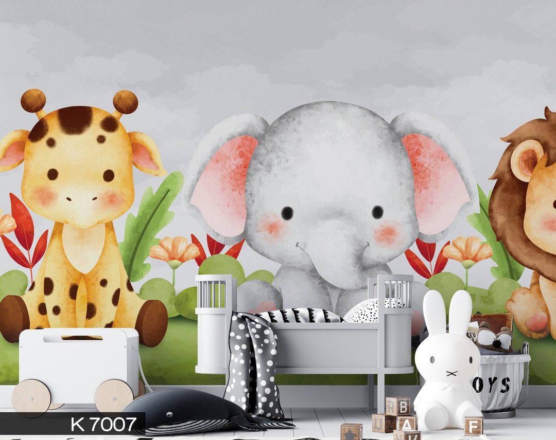 Giraffe Elephant Lion Wallpaper Elephant Giraffe Kids Room Peel and ...