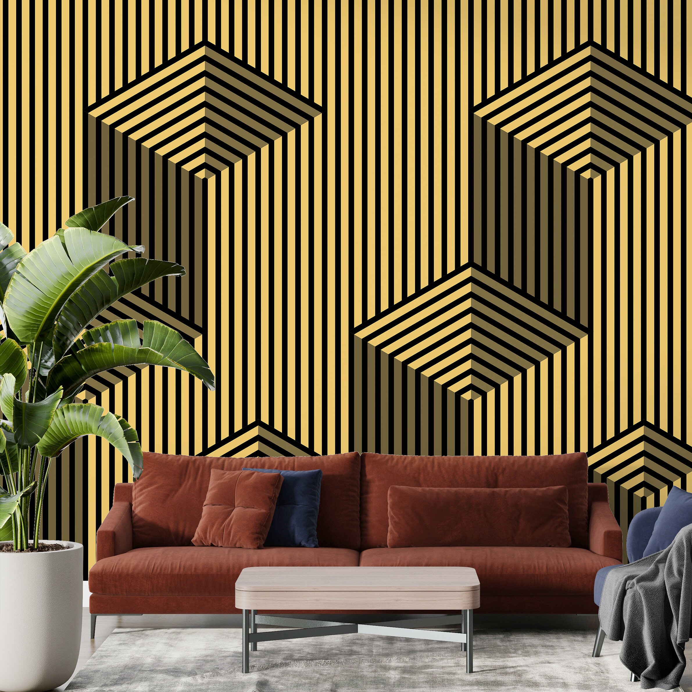 Geometric Gold Block Wallpaper: Lines Wall Mural, Peel and Stick - Etsy
