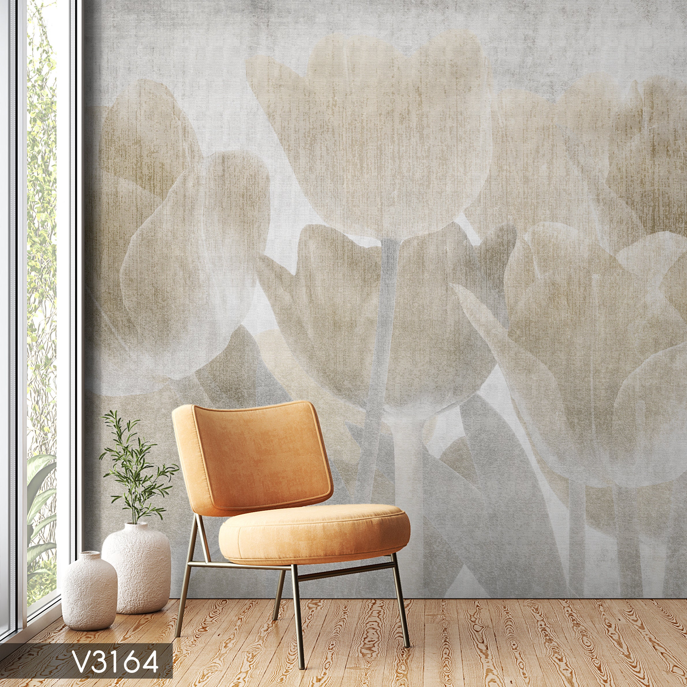 Contemporary Floral Wallpaper With Beige Tulips and Gray Tulips, Easy ...