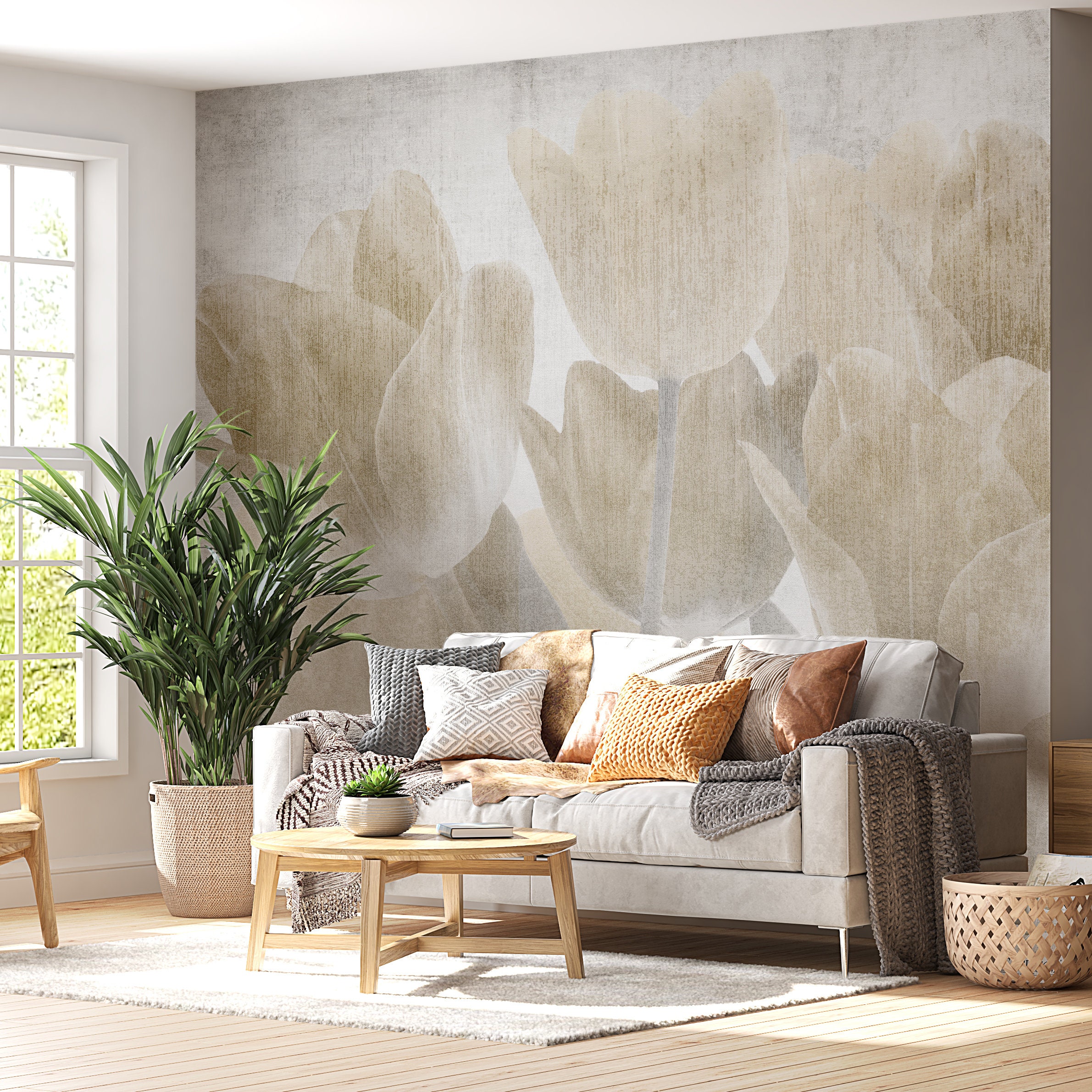 Contemporary Floral Wallpaper With Beige Tulips and Gray Tulips, Easy ...