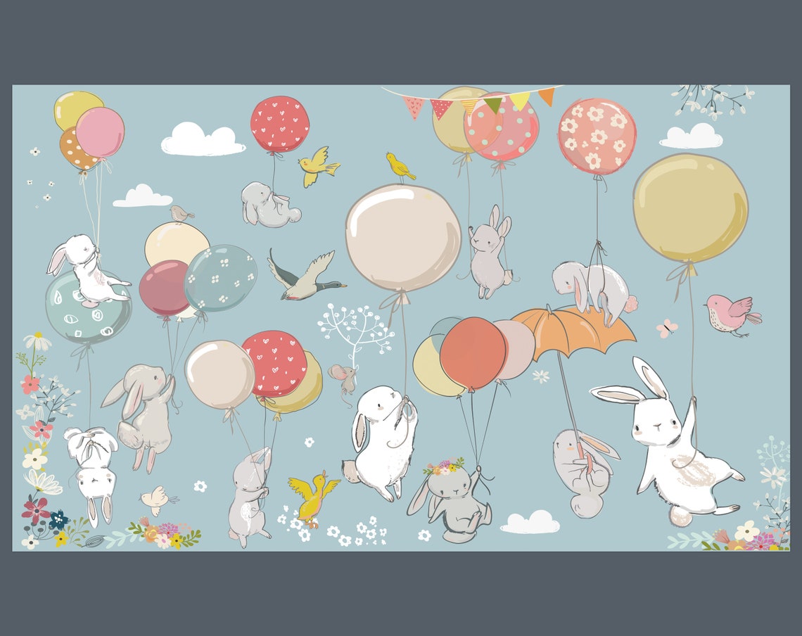 Flying Rabbits Wallpaper: Custom Kids Room Peel and Stick Wall Mural - Etsy