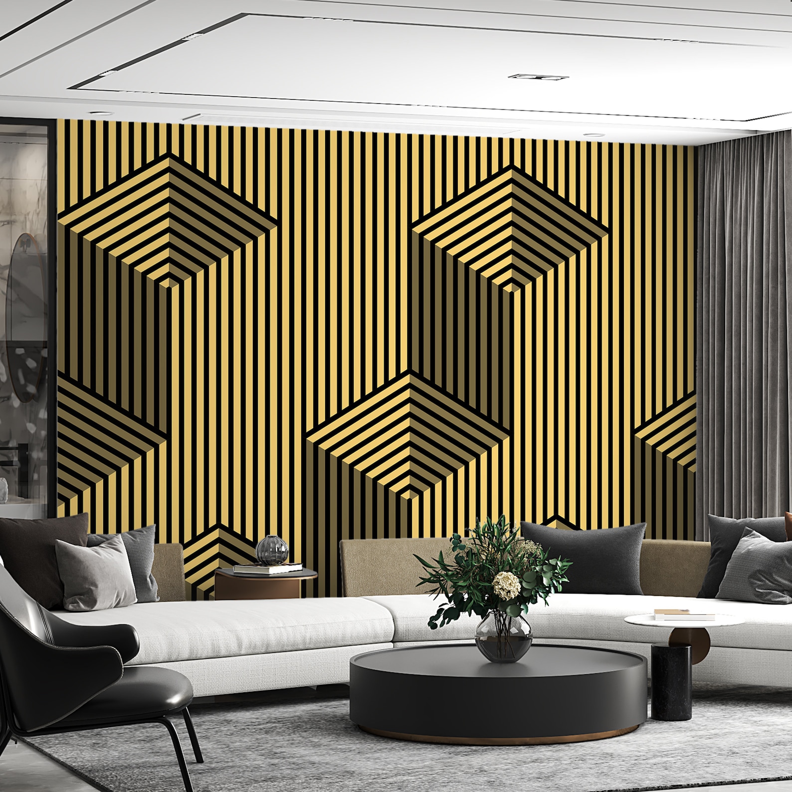 Geometric Gold Block Wallpaper, Lines Wall Mural, for Livingroom Wall ...