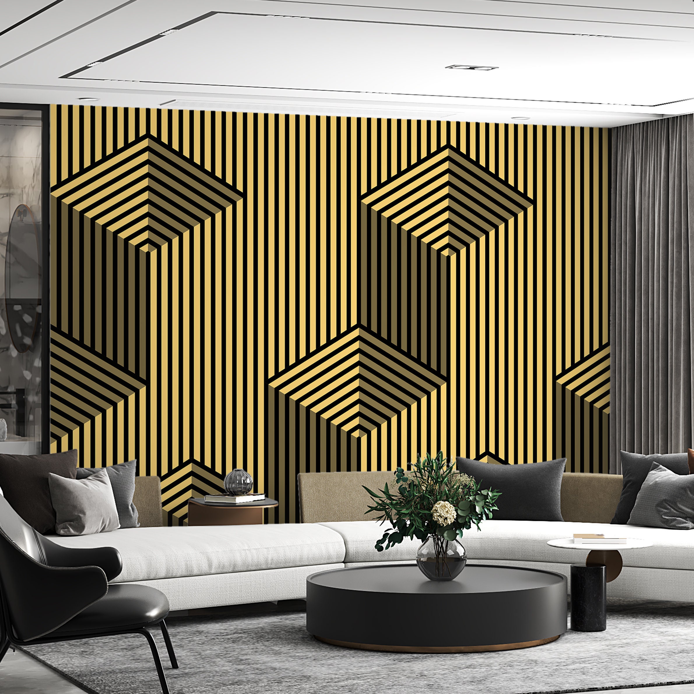 Geometric Gold Block Wallpaper, Lines Wall Mural, for Livingroom Wall ...