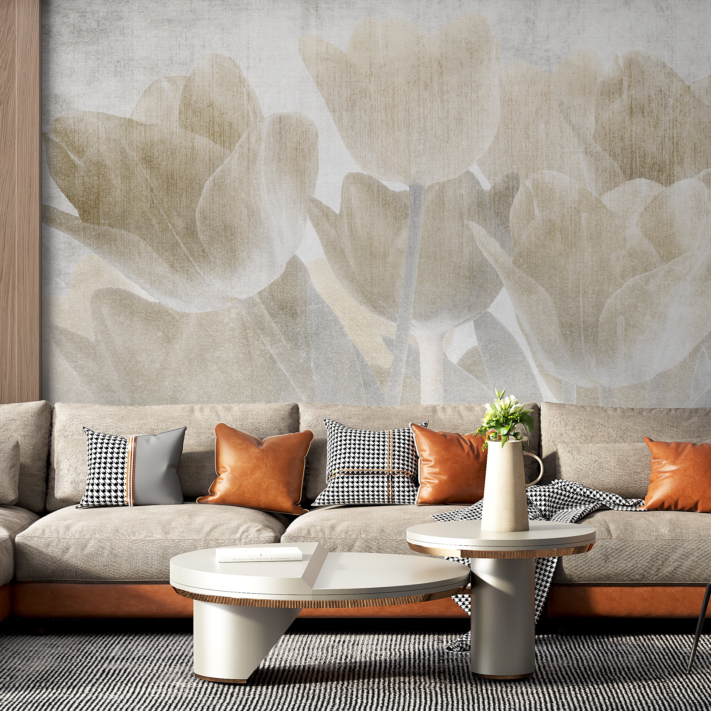 Contemporary Floral Wallpaper With Beige Tulips and Gray Tulips, Easy ...
