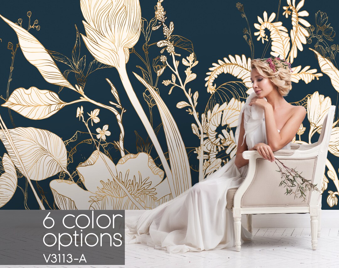 Gold Flower Wall Mural: Peel and Stick Wallpaper, Custom Wall Covering ...