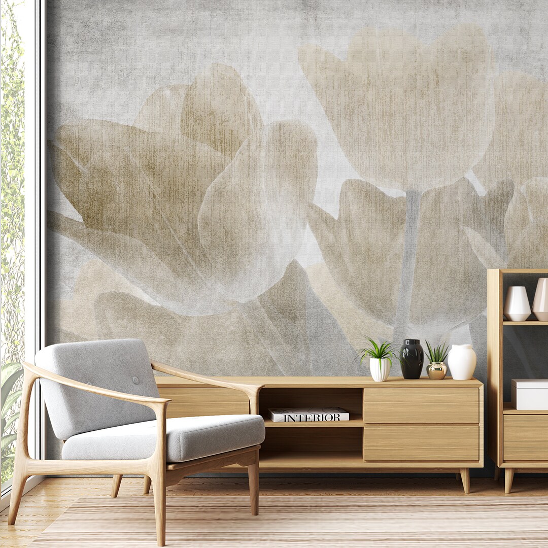 Contemporary Floral Wallpaper With Beige Tulips and Gray Tulips, Easy ...
