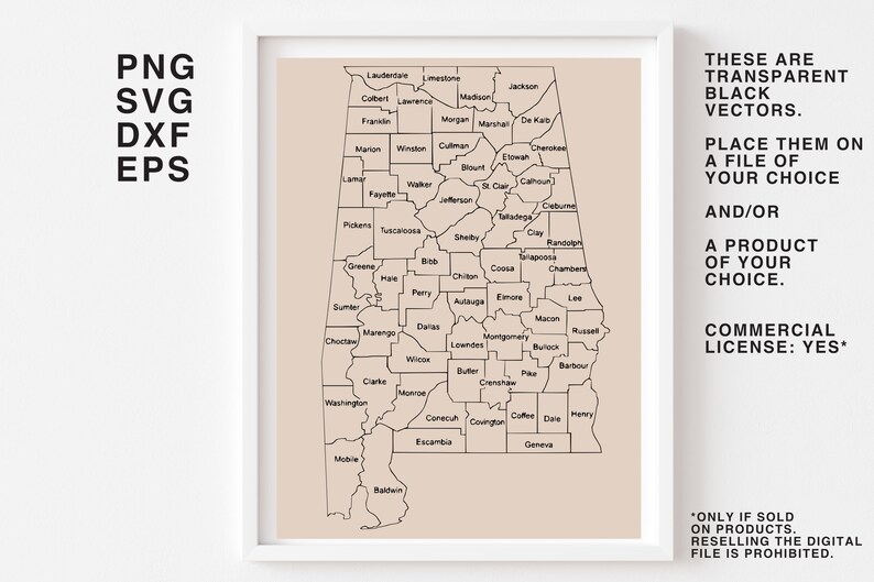 Alabama SVG Map - Counties of Alabama State Clipart Vector Cut Files ...