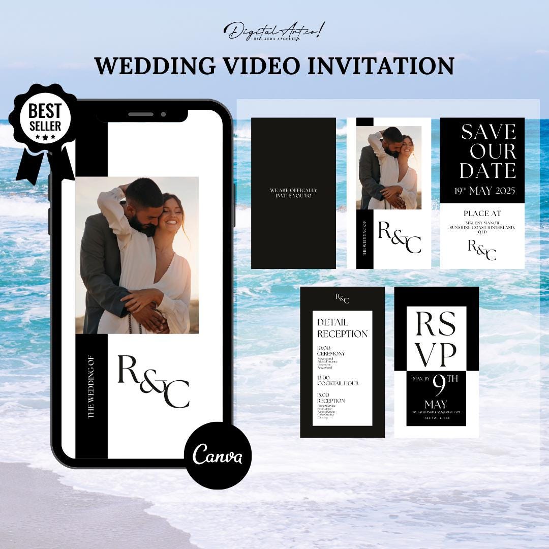 Modern DIGITAL WEDDING VIDEO Invitation Template Custom Editable Canva ...