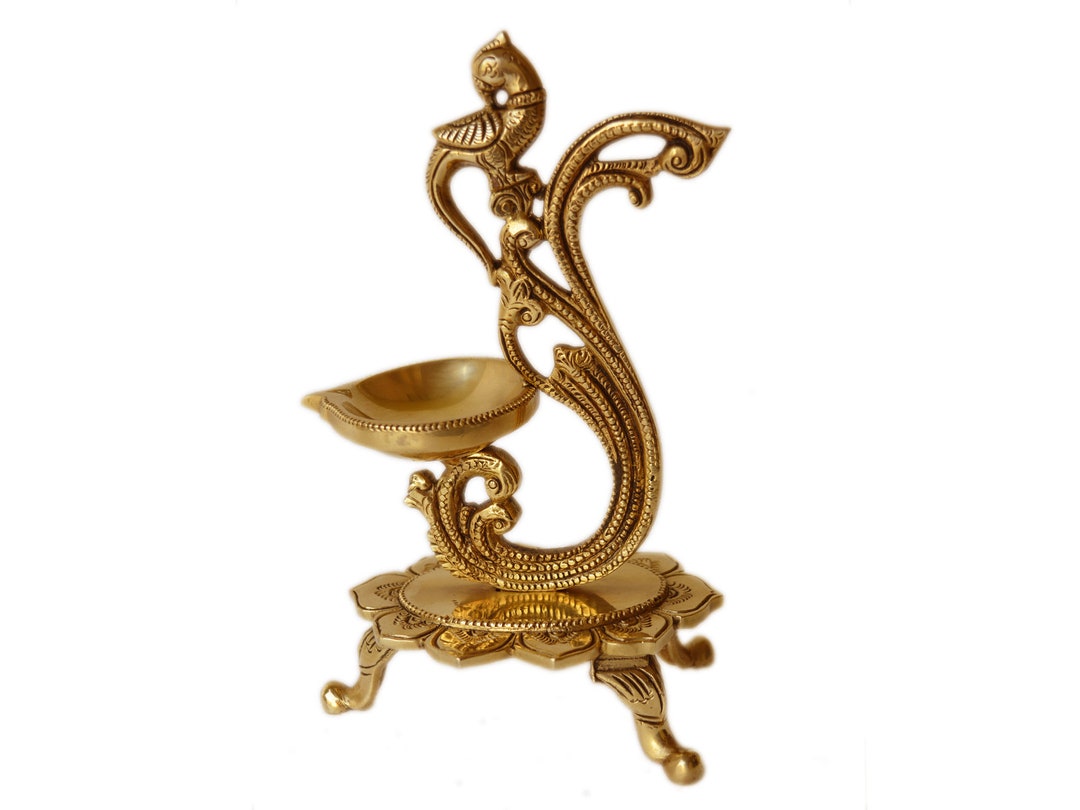 Lamp Peacock Diya Brass Oil Tier Ghee Puja Article Indian Deepak ...