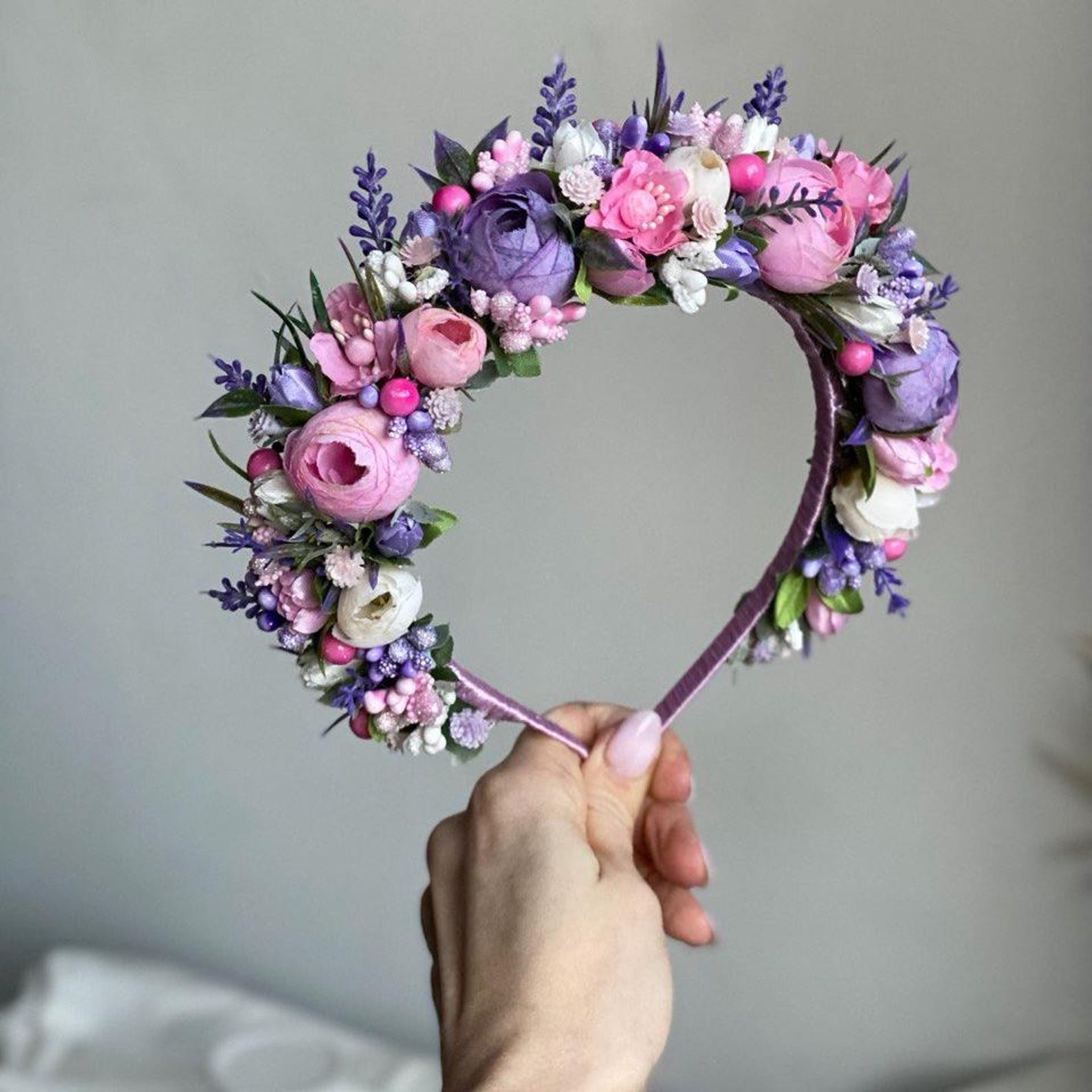 Bohemian Purple Crown, Floral Bridal Headpiece, Wide Pink Flower Crown ...