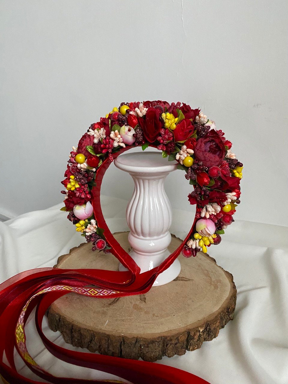 Red Ukrainian Flower Crown With Ribbons, Burgundy Bridal Headpiece ...