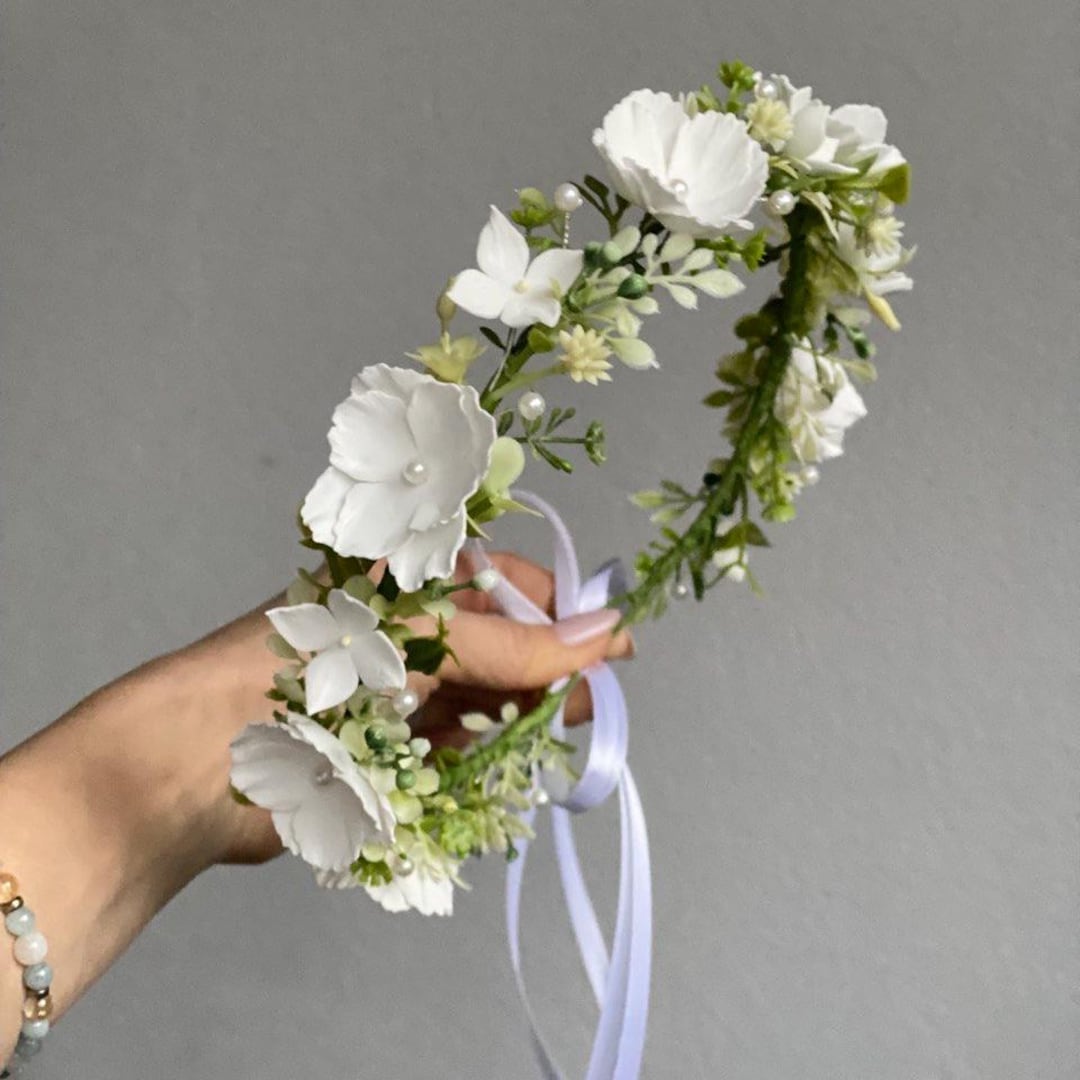 First Communion Flower Crown, White Floral Hairpiece, Bohemian Headband ...