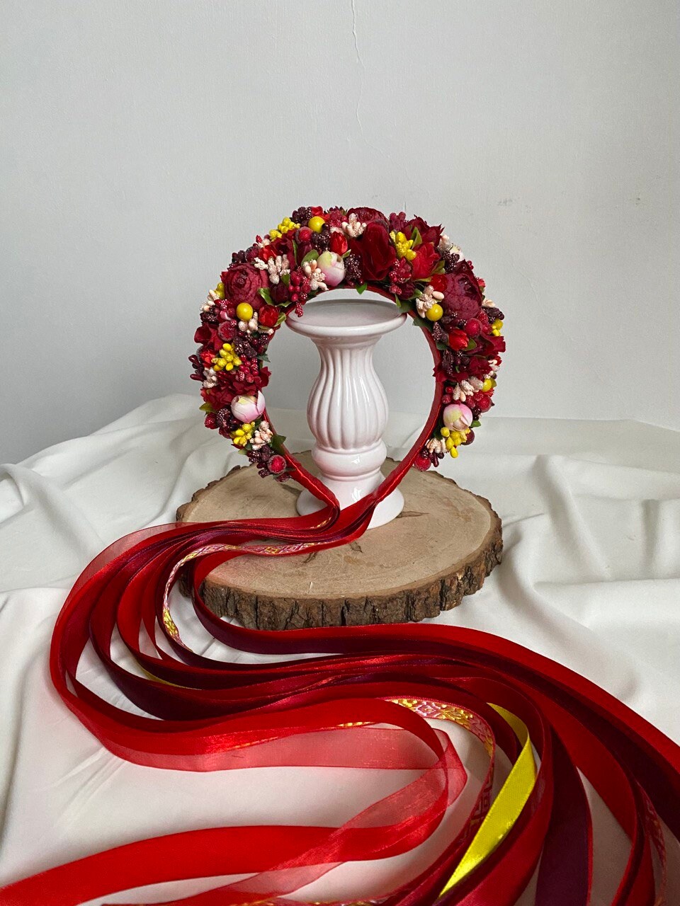 Red Ukrainian Flower Crown With Ribbons, Burgundy Bridal Headpiece ...