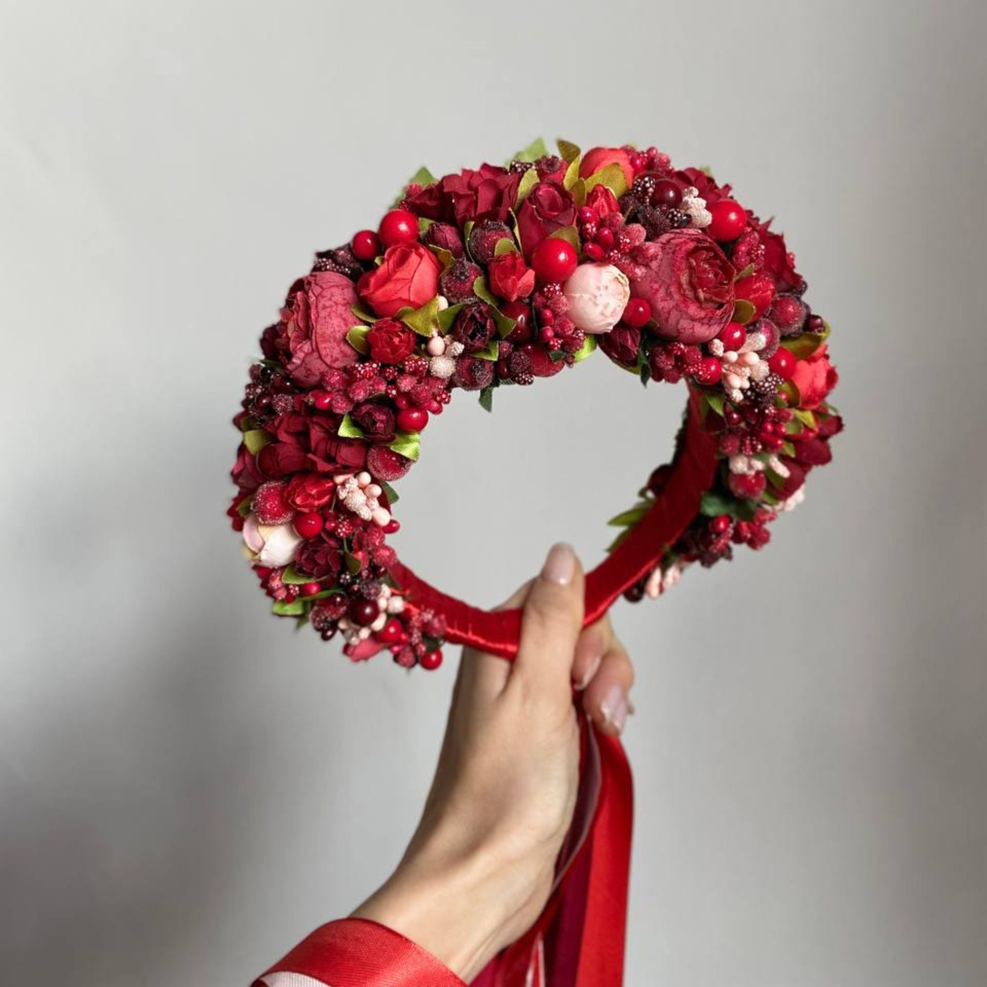 Ukrainian Flower Crown With Ribbons, Red Bridal Headpiece, Burgundy ...