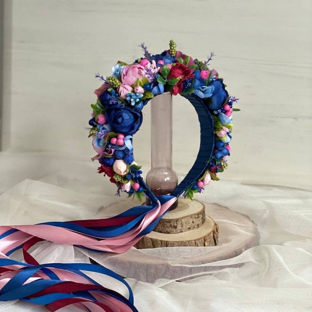 Navy Blue and Pink Bridal Headpiece With Ribbons, Floral Hairpiece for ...