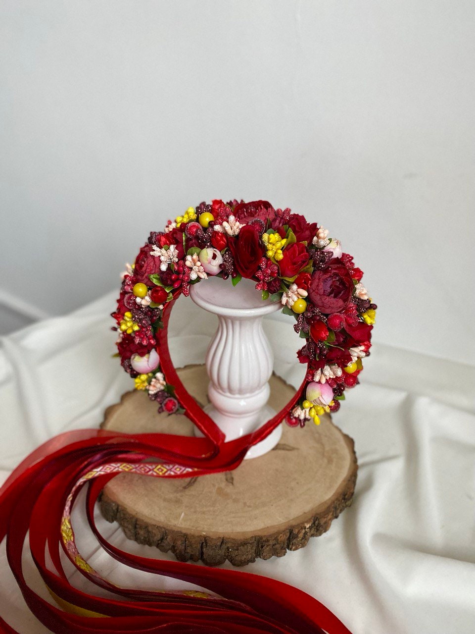 Red Ukrainian Flower Crown With Ribbons, Burgundy Bridal Headpiece ...