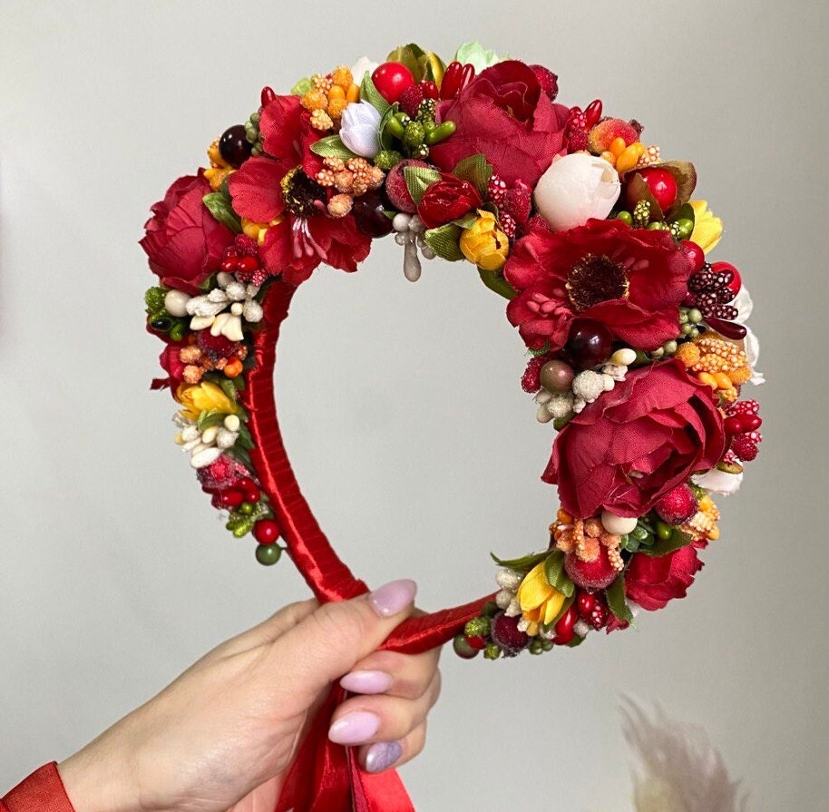 Bright Ukrainian Flower Crown With Ribbons, Red Floral Hair Wreath ...