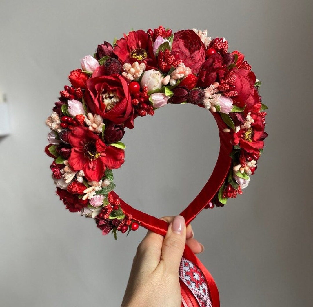 Folk Ukrainian Flower Crown With Ribbons, Cottagecore Bridal Headpiece ...