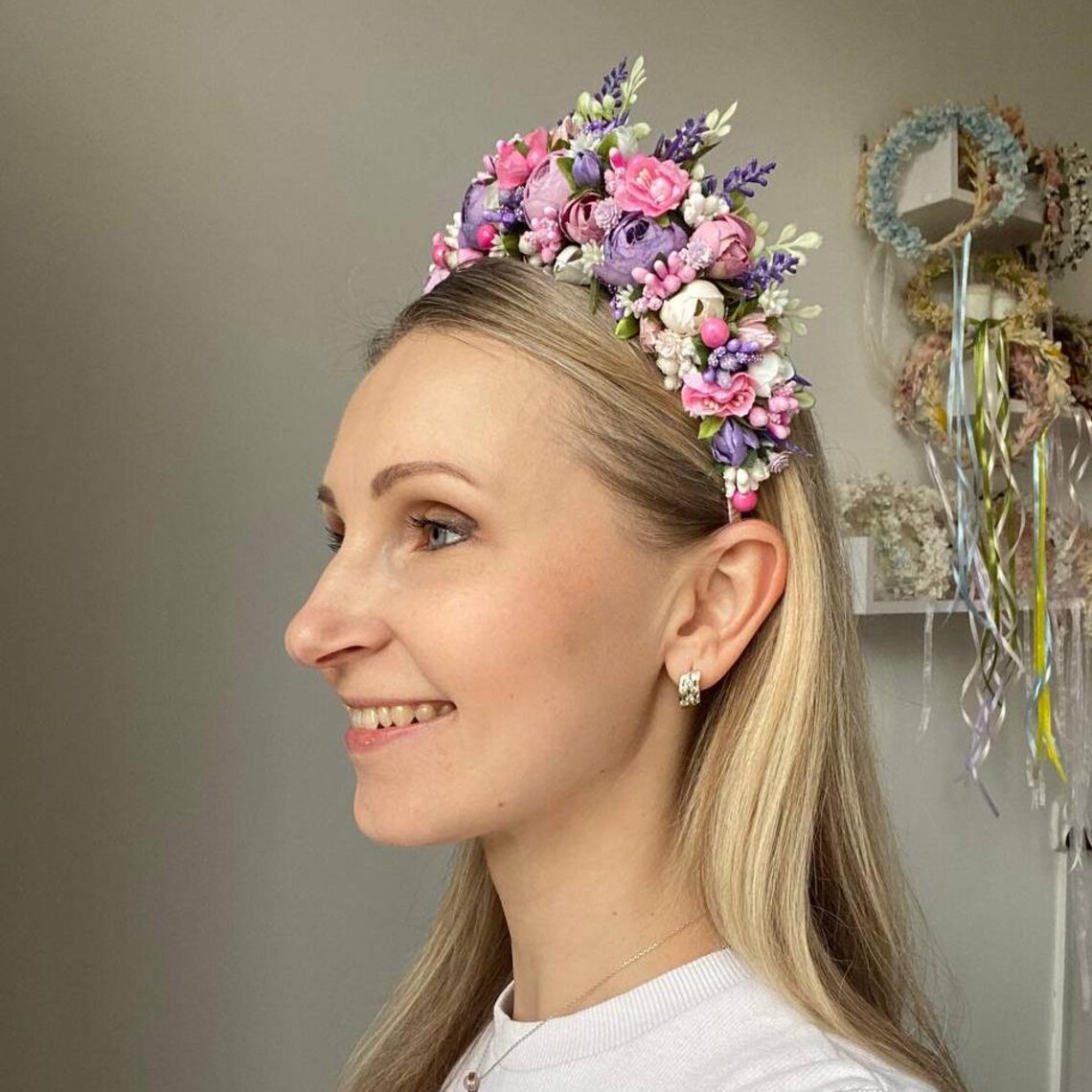 Bohemian Purple Crown, Floral Bridal Headpiece, Wide Pink Flower Crown ...