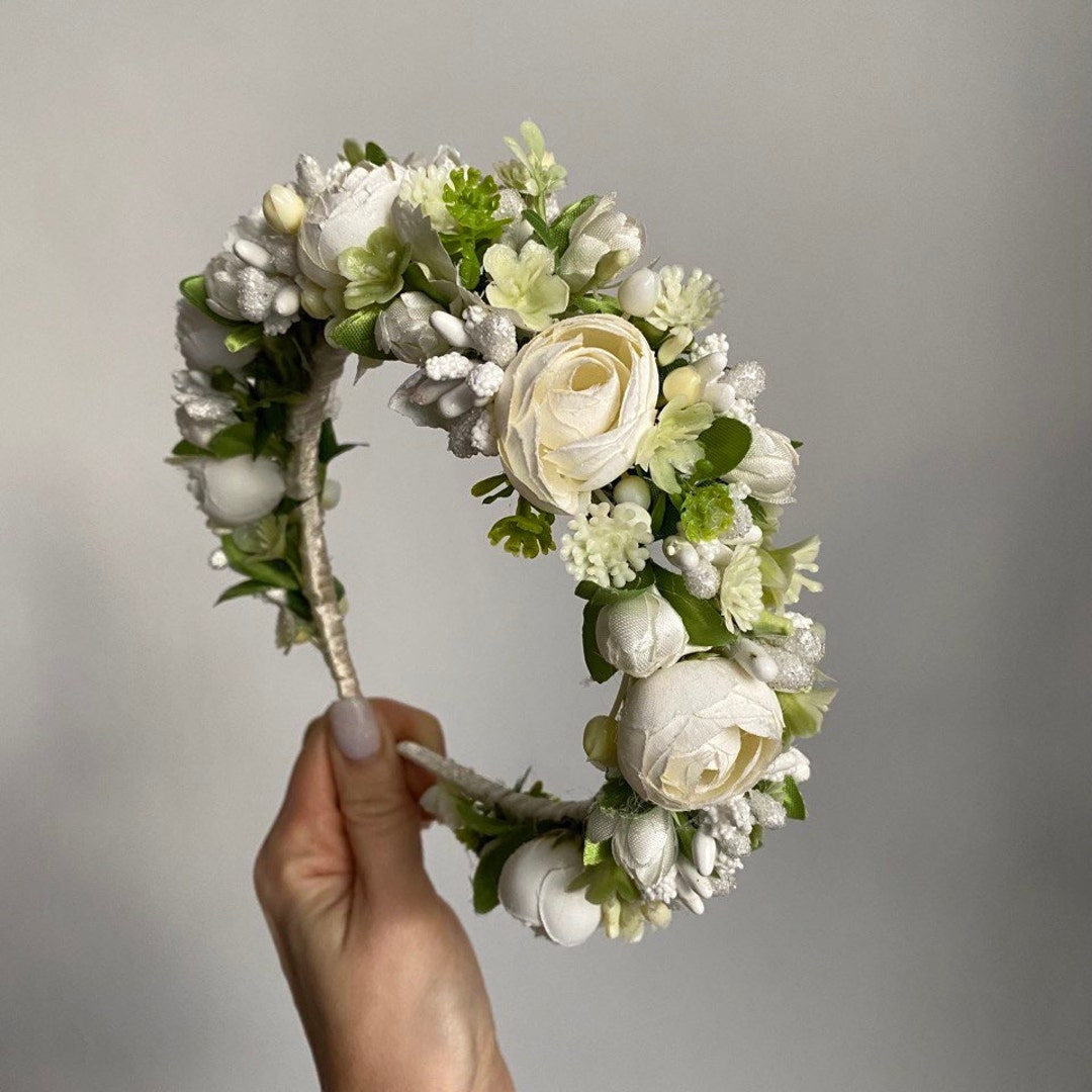 Ivory Flower Crown for First Communion, Ranunculus Floral Headband ...