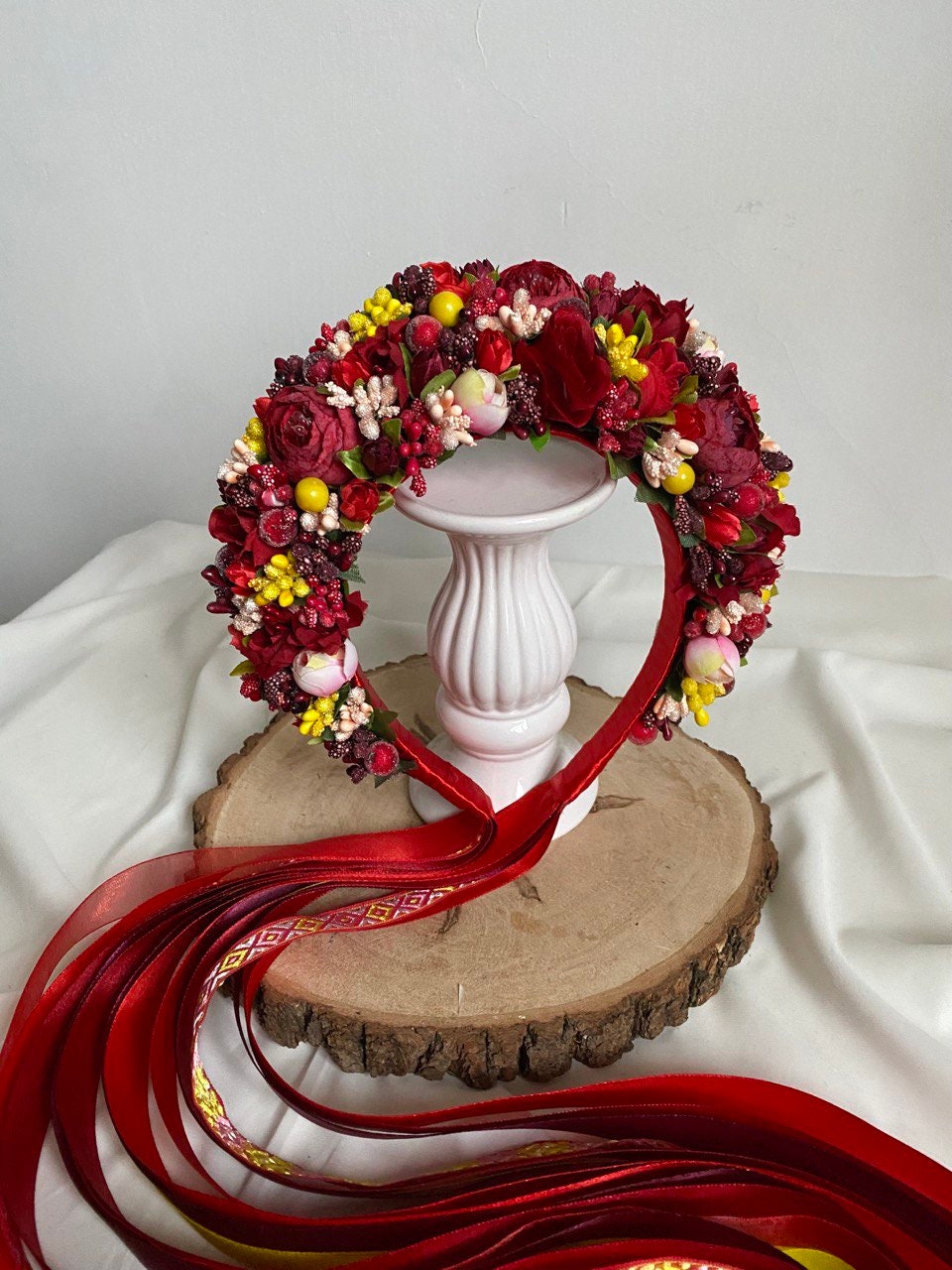 Red Ukrainian Flower Crown With Ribbons, Burgundy Bridal Headpiece ...