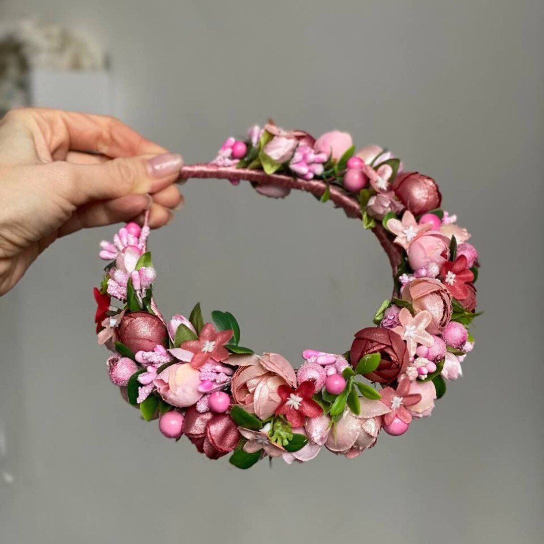 Pink Flower Crown, Ranunculus Flower Girl Headband, Bohemian Meadow ...